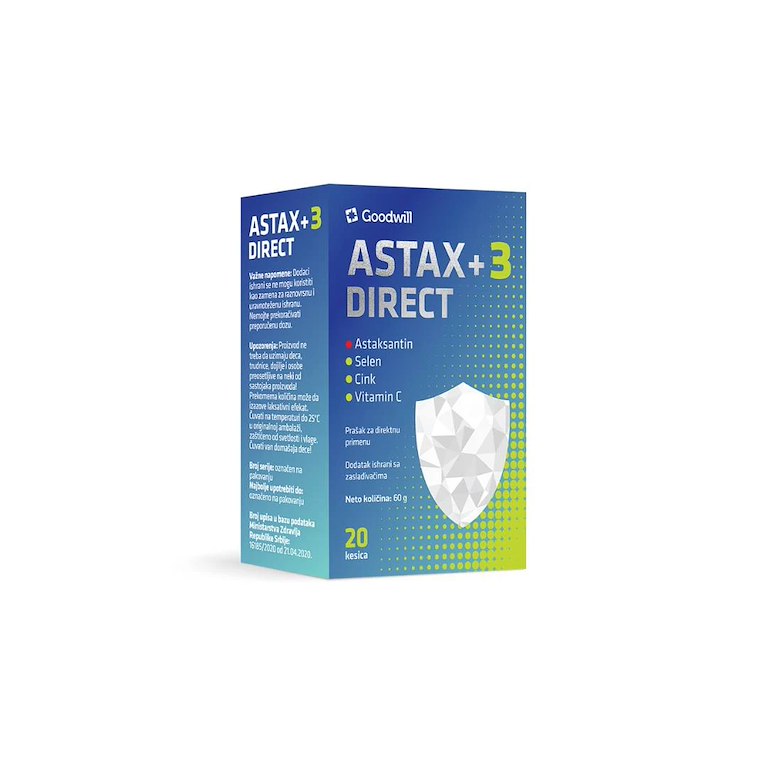 ASTAX+3 Direct Astaksantin, Selen, Cink, Vitamin C 20 Kesica