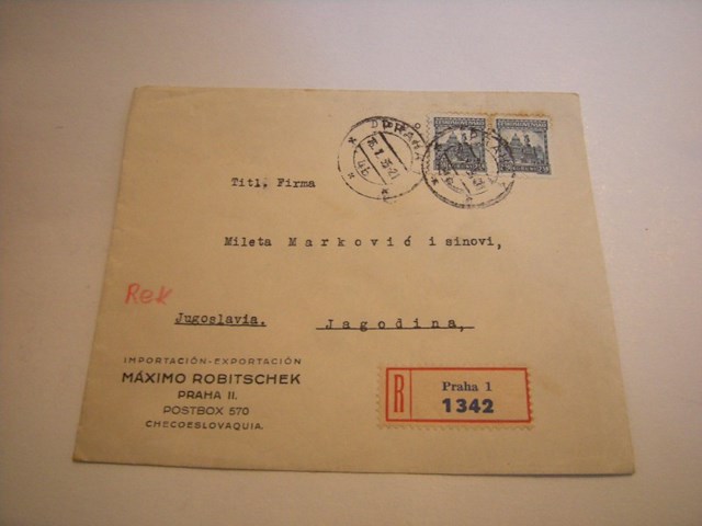 Koverta Prag - Jagodina 1935 god.