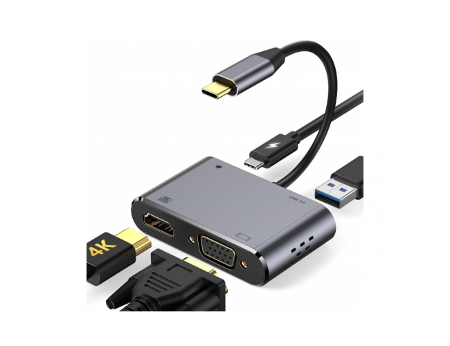 E-Green (OST04966) adapter TIP C (muški) na HDMI (ženski ) + VGA (ženski) + USB 3.0 (ženski) + TIP C (ženski) crni