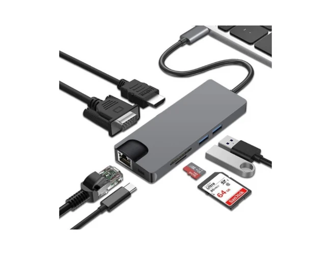 E-Green (OST04963) adapter TIP C (muški) na HDMI (ženski ) + VGA (ženski) + 2x USB 3.0 (ženski) +RJ45 (ženski) crni