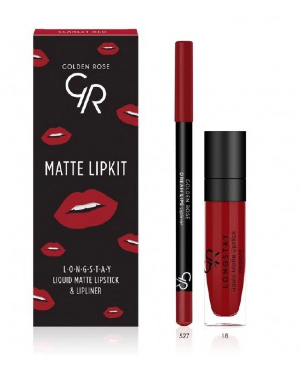 GOLDEN ROSE MATTE LIPKIT SCARLET RED (TEČNI RUŽ LONGSTAY 18 +DREAM LIPLINER 527)