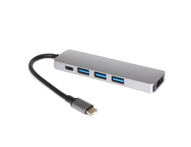 3G (201815) adapter TIP C (muški) na 3x USB 3.0 (ženski ) + TIP C (ženski) + HDMI (ženski) sivi