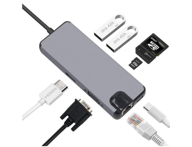 3G (88947) adapter TIP C (muški) na HDMI (ženski ) + VGA (ženski) + 2x USB 3.0 (ženski) + TRJ45 (ženski) sivi
