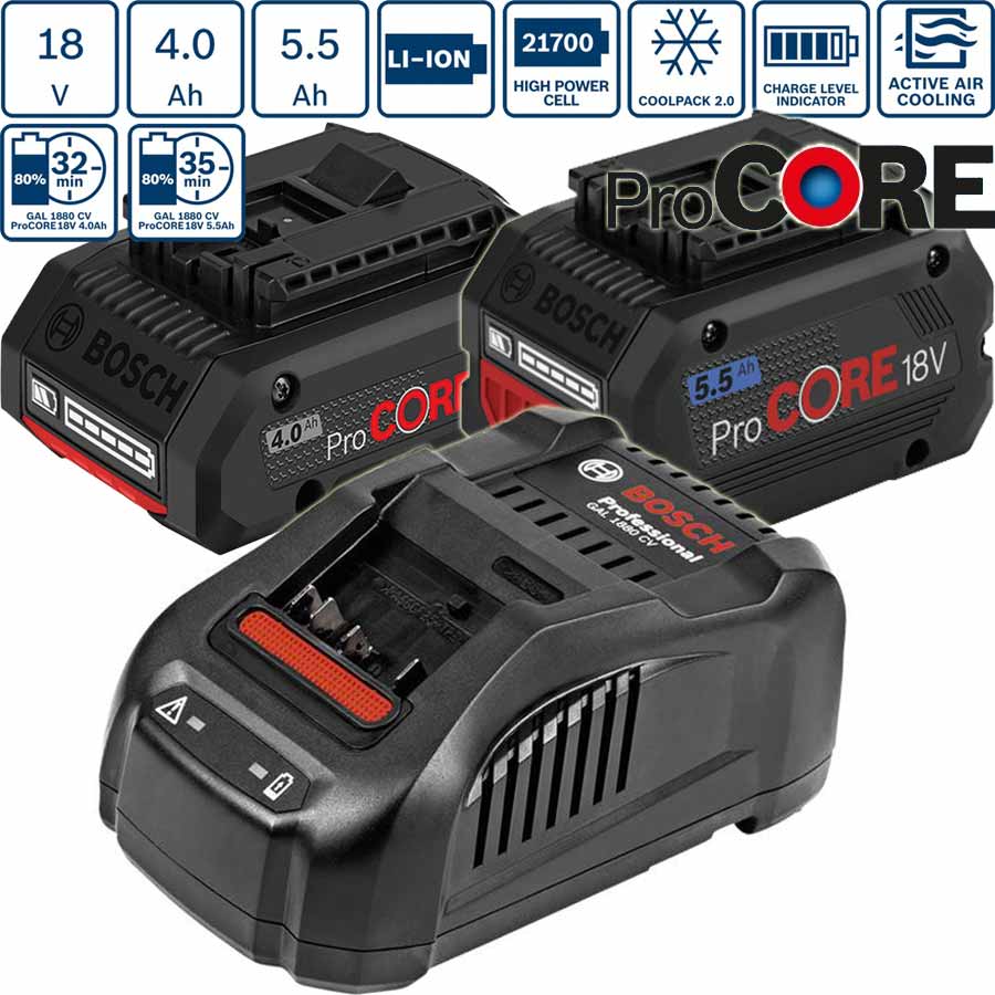 Bosch set akumulatora 1x ProCORE 18V 4.0Ah + 1x ProCORE 18V 5.5Ah + 1x punjač GAL 1880, 1600A0214A