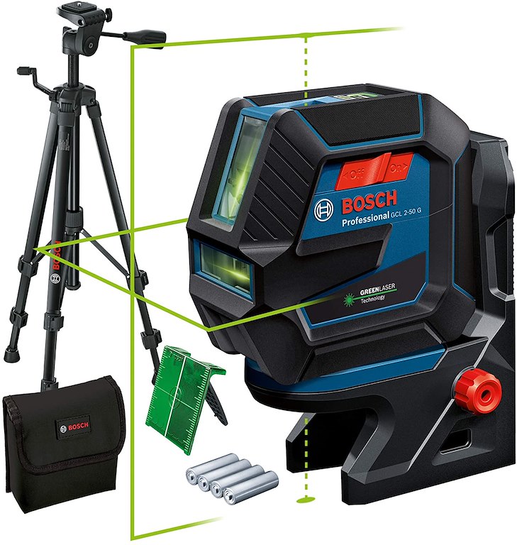 Kombinovani linijski laser sa zelenim zrakom Bosch GCL 2-50 G sa stativom i magnetnim nosačem, domet 50m, 0601066M01