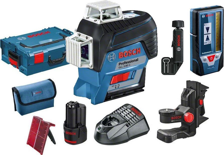 Linijski laser Bosch GLL 3-80 C + BM 1 + LR 7 + BM 1 nosač sa 1×2.0Ah 12V akumulatorom i punjačem, L-Boxx 136 kofer, Bluetooth 80m, 0601063R05