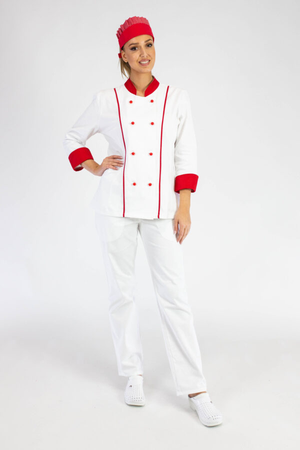 Kuvarska uniforma ženska PLEASURE – Belo / Crvena