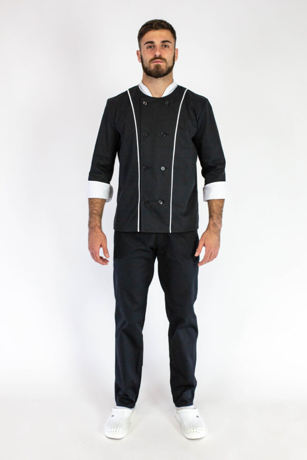 Kuvarska uniforma muška PLEASURE – Crna / Beli paspul