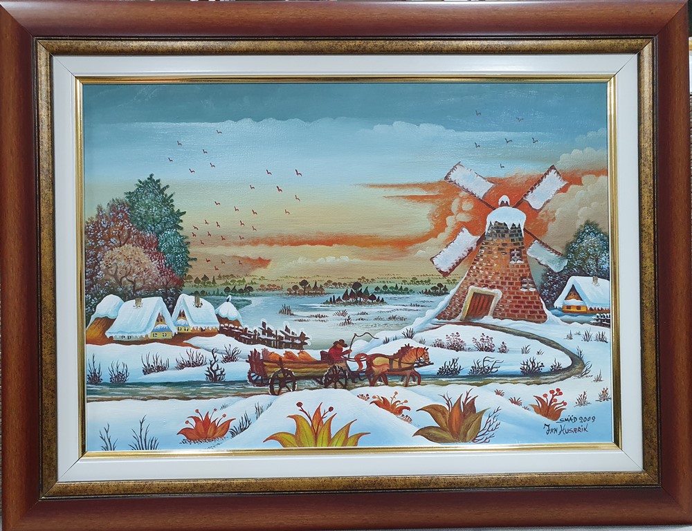 Vetrenjača, Jan Husarik, naiva, ulje na platnu, sa 50×65 cm, bez 35×50 cm, sertifikat, 1700 eura