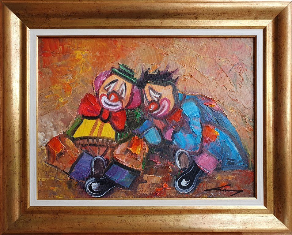 Klovnovi, ulje na platnu, Ivan Vanja Milanovic, sa 41×51 cm, bez 30×40 cm, sertifikat, 100 evra