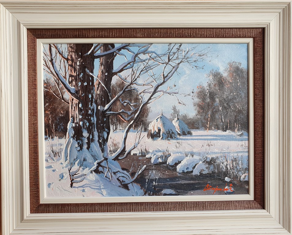 Zimska idila, ulje na platnu, Staniša Stojiljković Nite, sa 54×44 cm, bez 40×30 cm, sertifikat, 250 evra