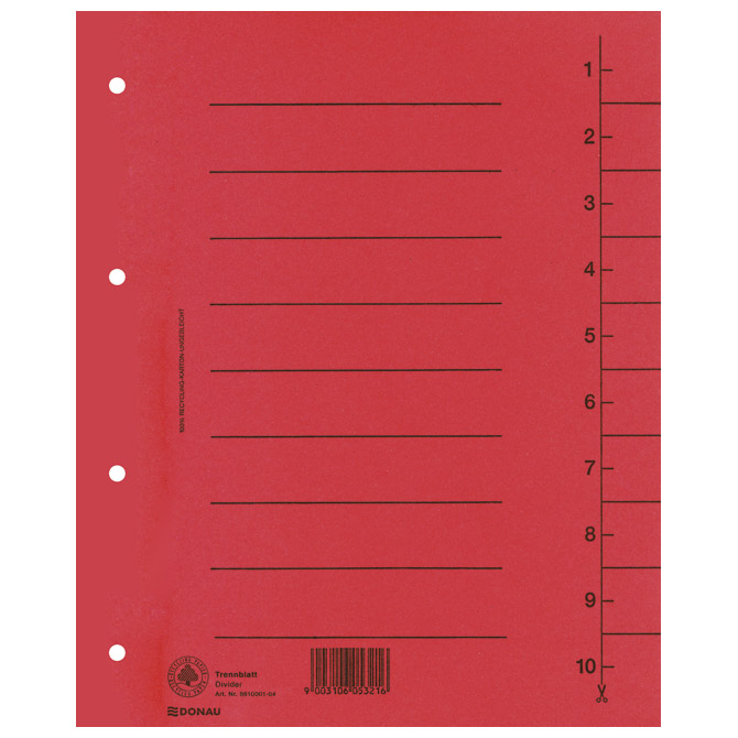 Pregrada kartonska A4 brojevi 1-10 250g Donau 8610001-04 crvena pakovanje 100 kom.