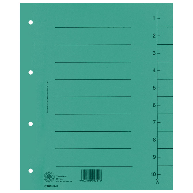 Pregrada kartonska A4 brojevi 1-10 250g Donau 8610001-06 zelena pakovanje 100 kom.