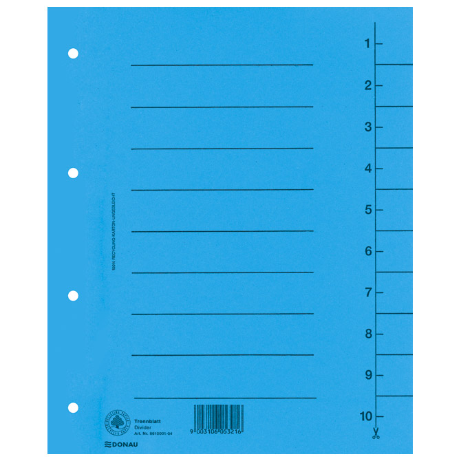 Pregrada kartonska A4 brojevi 1-10 250g Donau 8610001-10 plava pakovanje 100 kom.