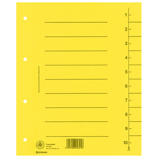 Pregrada kartonska A4 brojevi 1-10 250g Donau 8610001-11 žuta pakovanje 100 kom.
