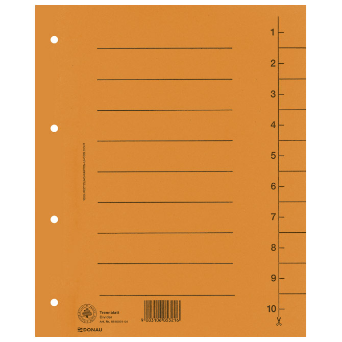 Pregrada kartonska A4 brojevi 1-10 250g Donau 8610001-12 narandžasta pakovanje 100 kom.