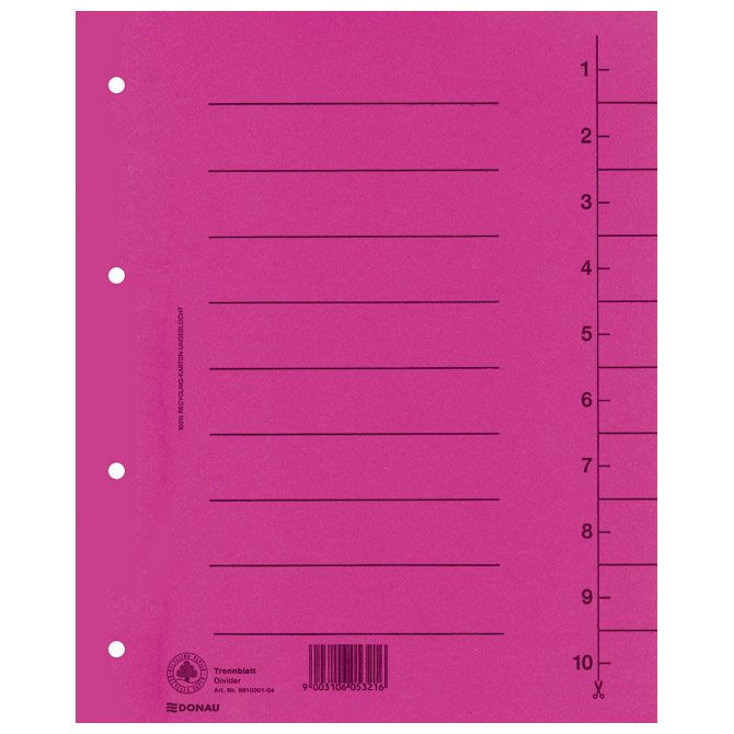 Pregrada kartonska A4 brojevi 1-10 250g Donau 8610001-16 roze pakovanje 100 kom.