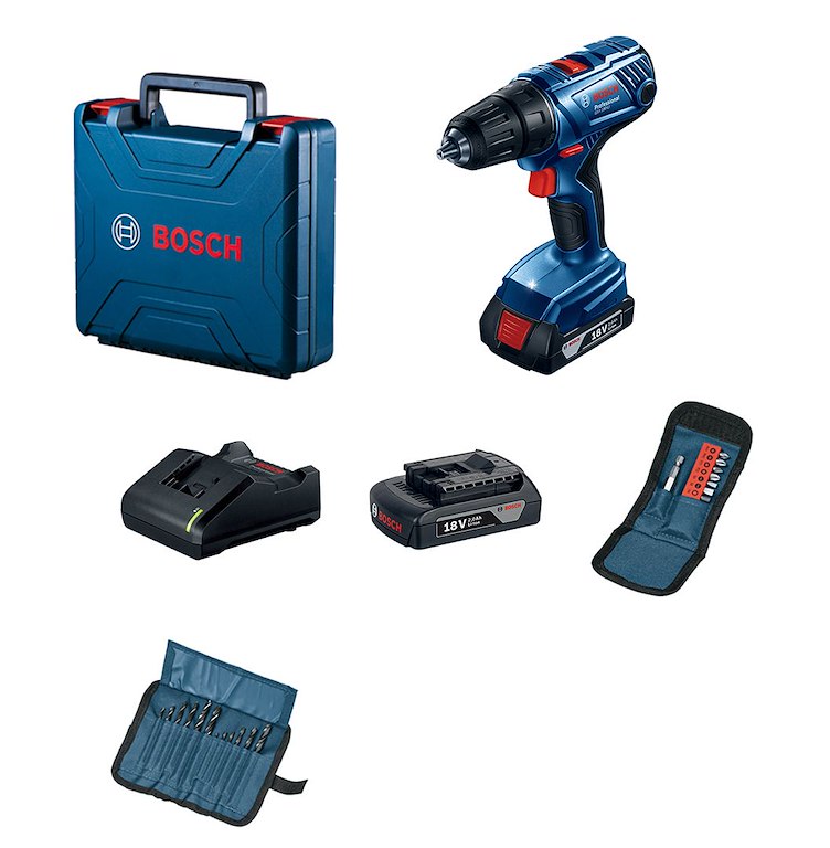 Bosch GSR 180 Li Akumulatorska bušilica - odvrtač 18V, 2x2,0Ah u koferu + 23-delni set pribora