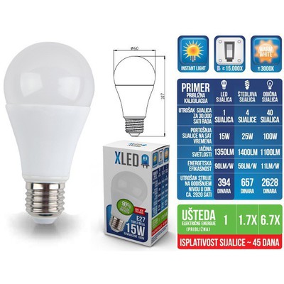 XLED sijalica E27 15W 3000K 1300Lm