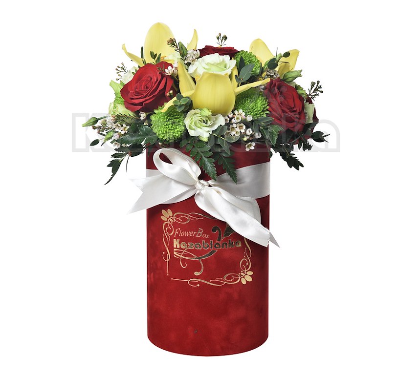 Crvene ruže i žute orhideje sa dekoracijom u kutiji