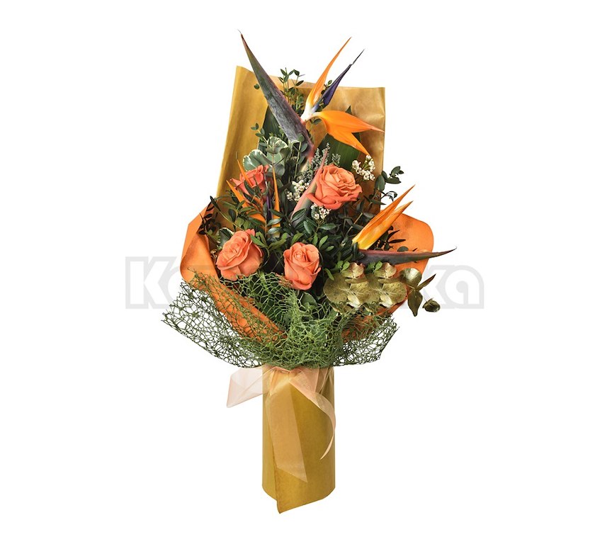 Buket - Rajske ptice i narandžaste ruže sa dekoracijom