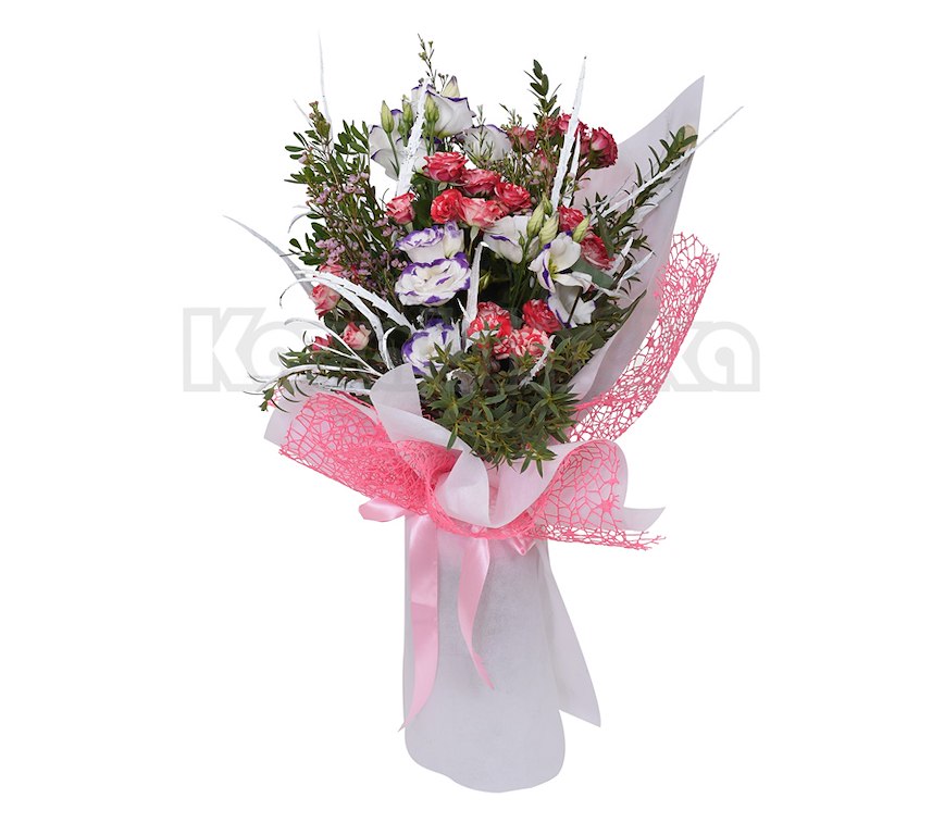 Buket - Lizijantus i mini ruže sa dekoracijom