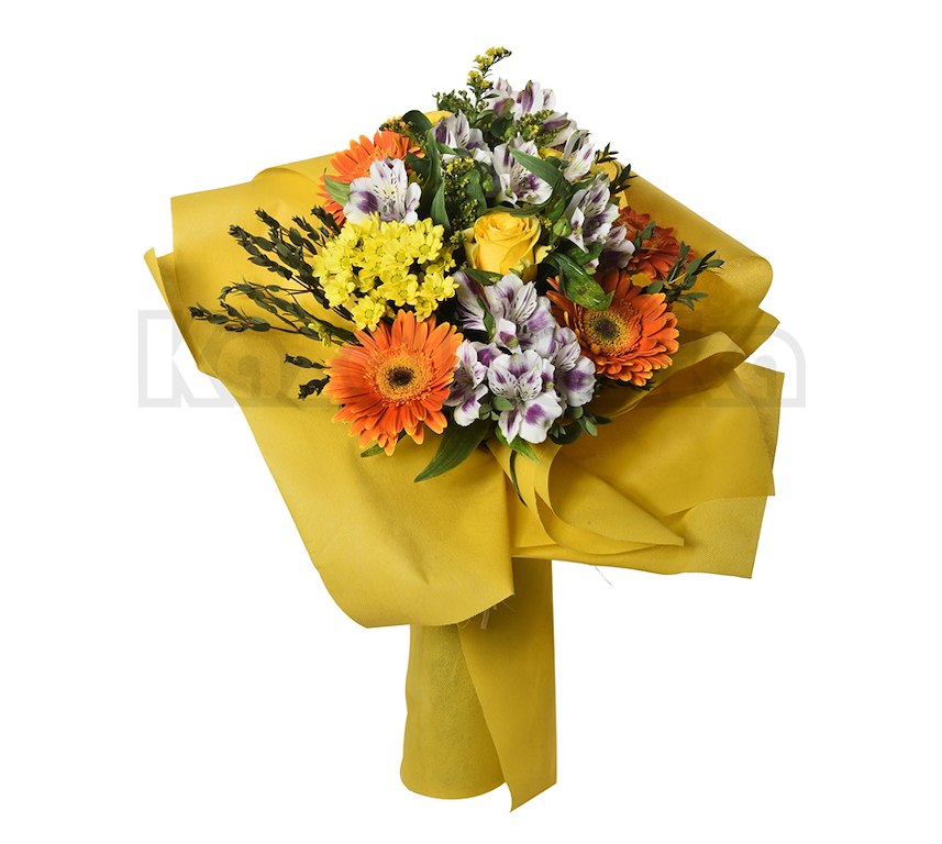 Buket - Gerberi, ruže, margarete, alstromerija sa dekoracijom
