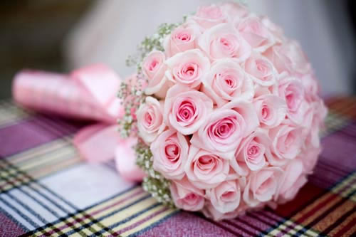 Bidermajer - Roze ruže sa gipsofilom