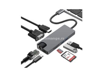 E-green Adapter USB 3.1 Tip C (M) - HDMI+VGA+2X 3.0 USB + tip C + SD (F) + RJ45