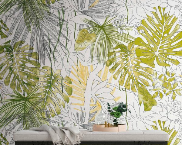 LIVINGWALLS WALLPAPER «FLORAL, BLACK, GREEN, YELLOW» 382321