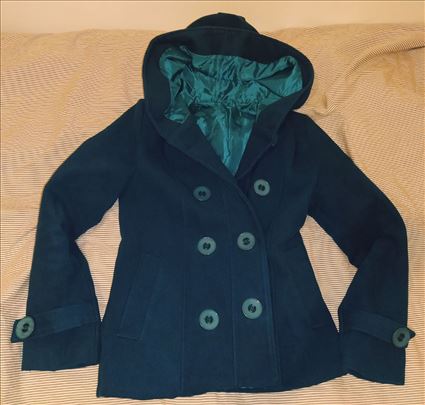 Ženski tirkizni plavi kaput sa kapuljačom, 38 broj