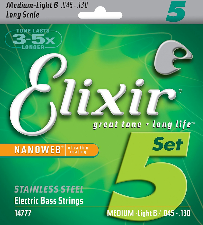 Elixir 14777 Electric Bass NANOWEB Medium Light B Long Scale 45-130 žice za 5-žičanu bas gitaru