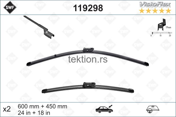 SWF VisioFlex 119298 600/450mm metlice brisača par Alfa ROmeo Giulietta/Fiat Bravo II/Hyundai i30/KIA Ceed/Pro Ceed/Lancia Delta III/Peugeot 308 II/Škoda Superb II/VW Caddy/Touran