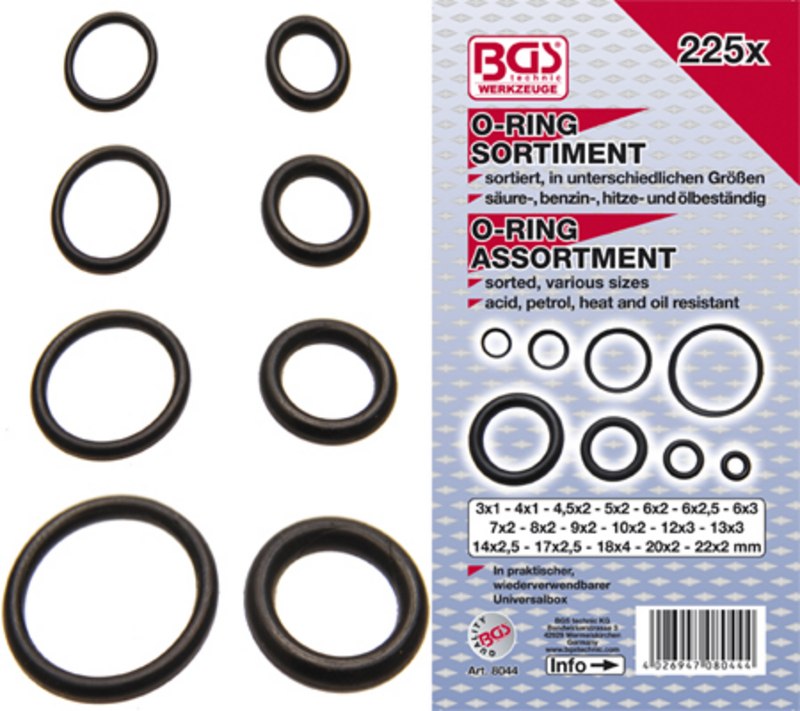 O-ring set 3-22mm Ø, 225-kom