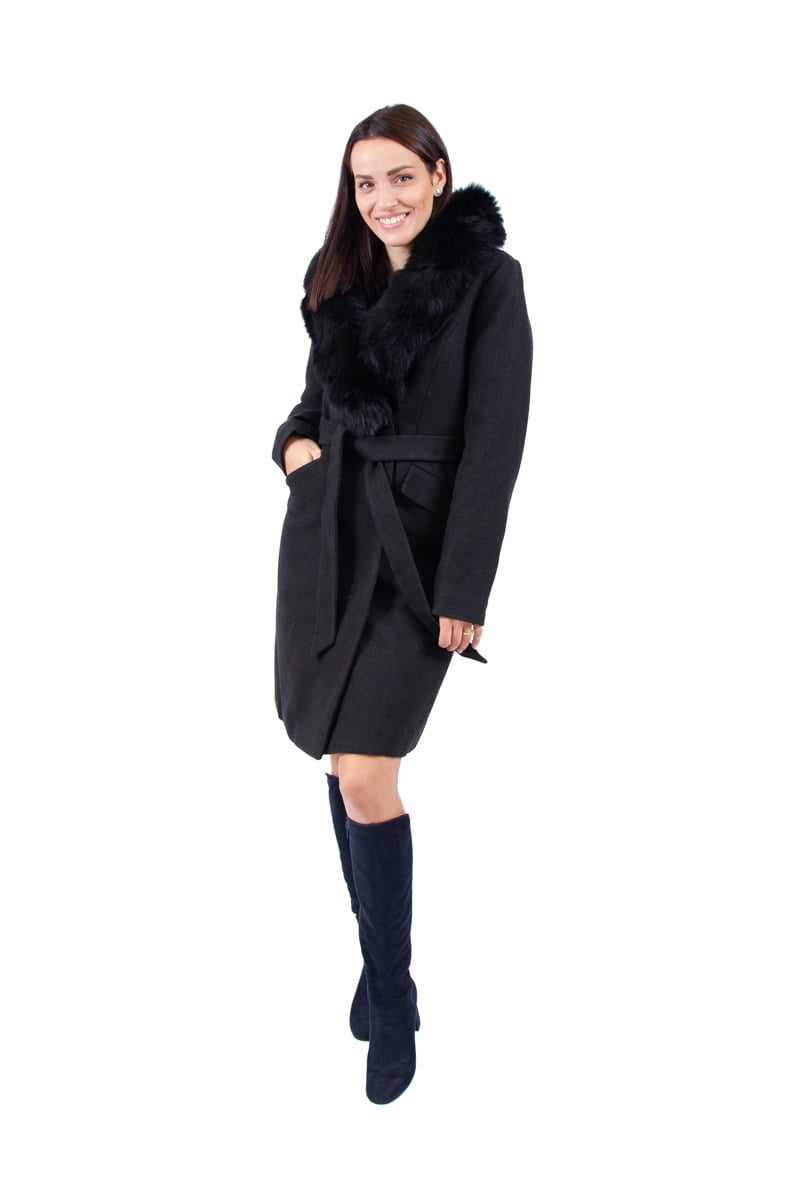Ženski crni kaput sa prirodnim krznom