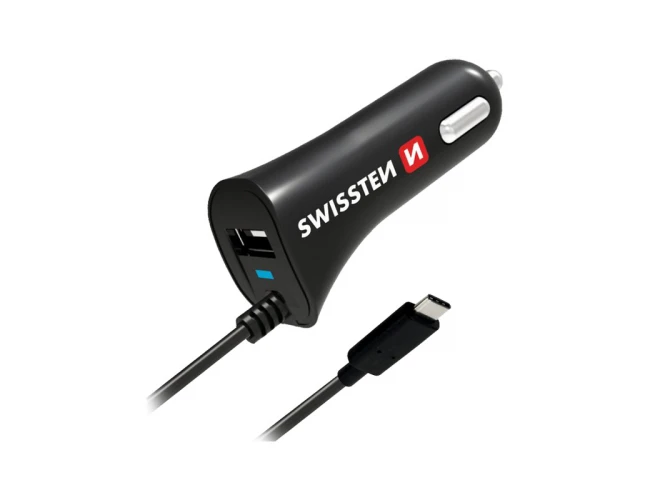 Swissten crni auto punjač za telefon sa kablom USB C