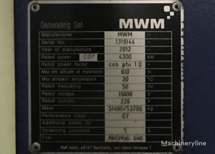 Deutz MWM TCG2032V16 gas genset 4300 kW 50 Hz 10500V gasni generator