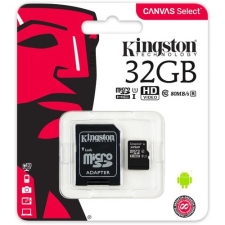Micro SD 32GB KINGSTON Canvas Select SDCS/32GB, sa adapterom, UHS-I, class 10, 80MB/s read