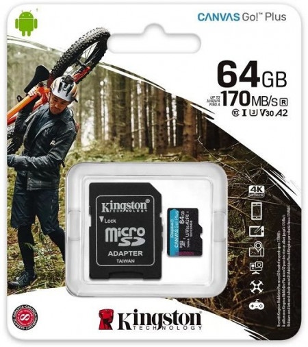 Micro SD 64 GB Kingston SDCG3/64GB, CANVAS Go! Plus 170MB/s read and 70MB/s write, Class 10, UHS-I, U3, V30, A2