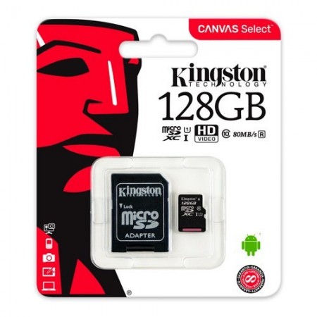 Micro SD 128GB KINGSTON Canvas Select SDCS/128GB, sa adapterom, UHS-I, class 10, 80MB/s read