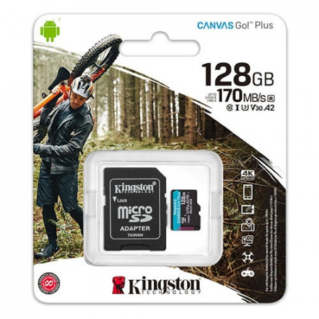 Micro SD 128GB KINGSTON Canvas Go! Plus SDCG3/128GB, sa adapterom, UHS-I, U3, class 10, 170MB/s read, 90MB/s write, 4K video