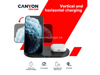 CANYON WS-202 2in1 Wireless charger, Input 5V3A, 9V2.67A, Output 10W7.5W5W, Type c cable length 1...