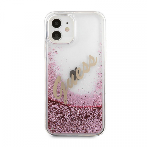 Maska Guess Faceplate Liquid Glitter Vintage Script za iPhone 12 mini (5.4) pink