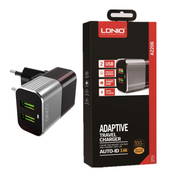 Kucni punjac LDNIO A2206 2XUSB 2.4A + Type-C kabel crno sivi