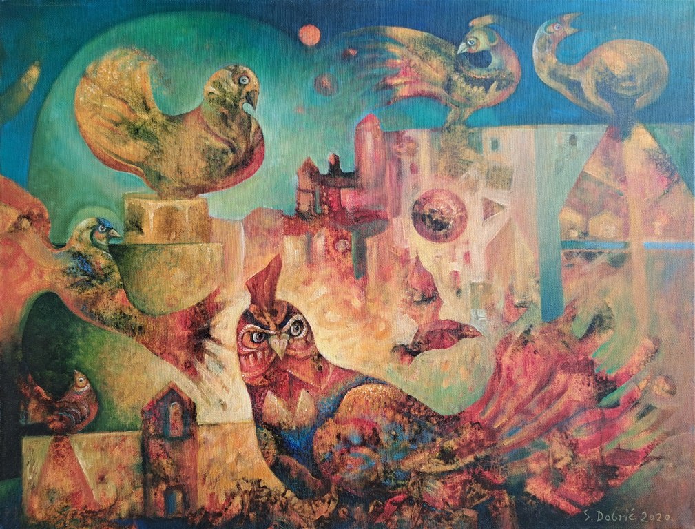 Okupljanje, Saša Dobrić, ulje na platnu, 50×65 cm, sertifikat, 800 eura