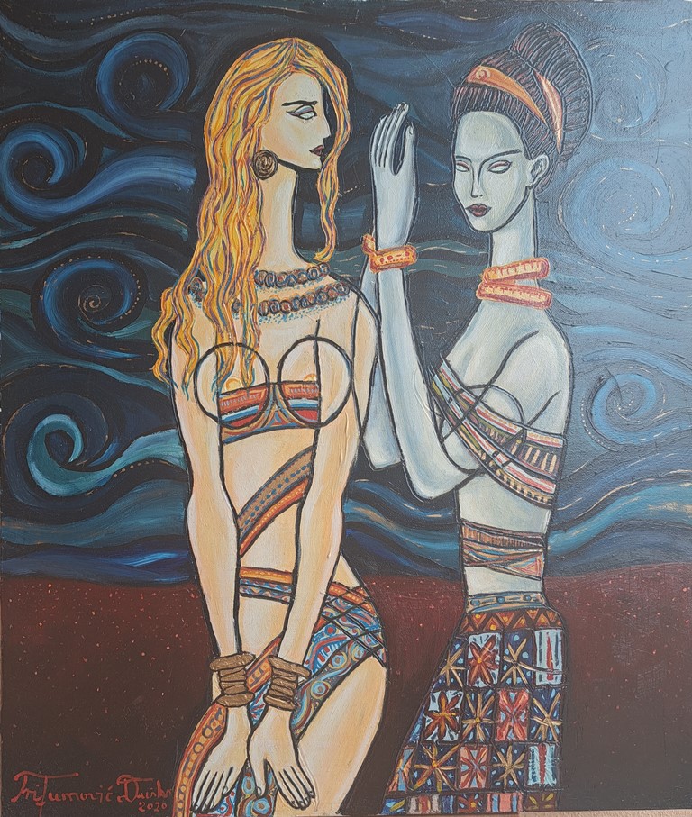 Dve devojke, Duško Trifunović, 70×60 cm, ulje na platnu, sertifikat, 330 eura