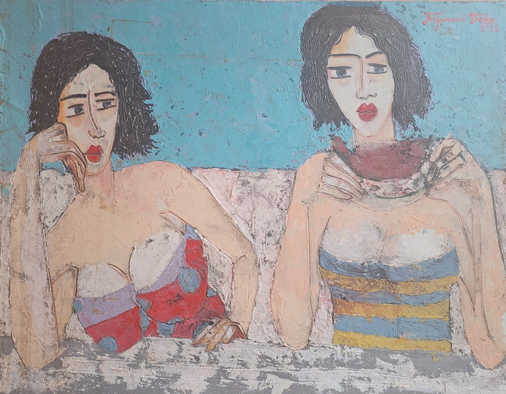 Devojke na Adi jedu lubenicu, Duško Trifunović, 70×90 cm, ulje na platnu, sertifikat, 500 eura