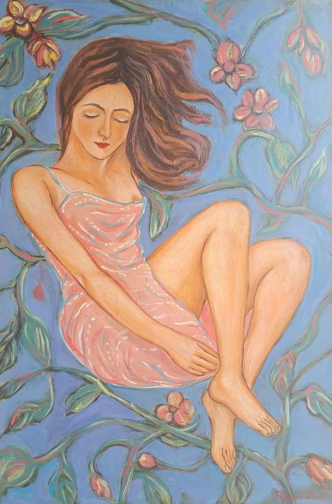 Devojka u cveću, Duško Trifunović, 90×60 cm, ulje na platnu, sertifikat, 53100 dinara