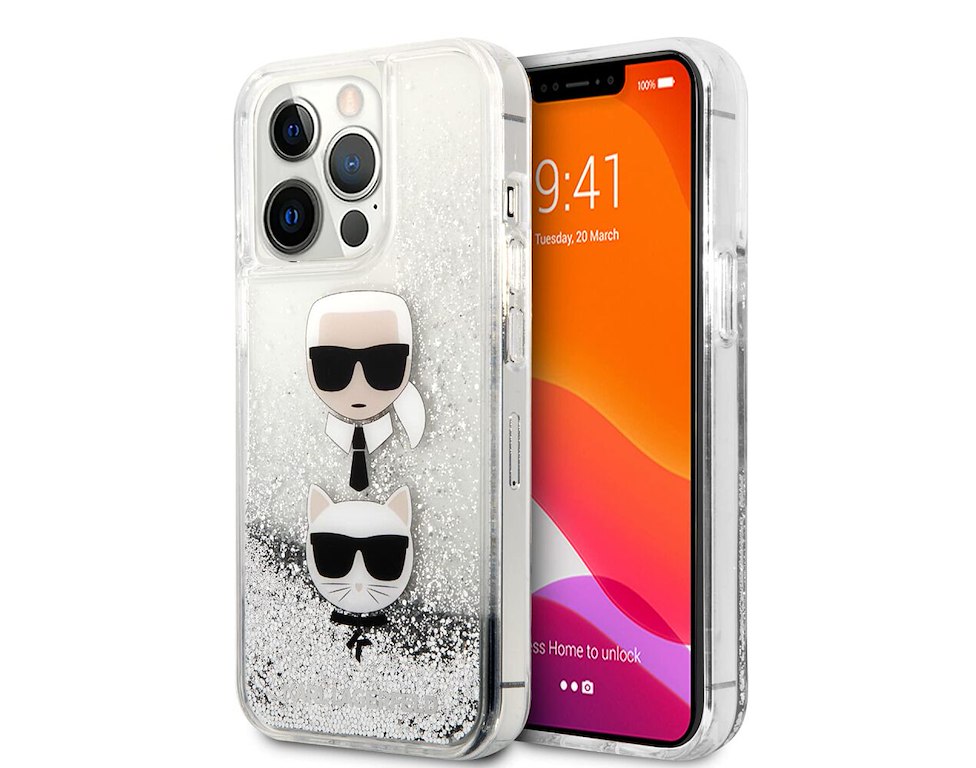 Futrola Karl Lagerfeld Hc Liquid Glitter 2 Heads - iPhone 14 Pro srebrna (KLHCP14LKICGLS)