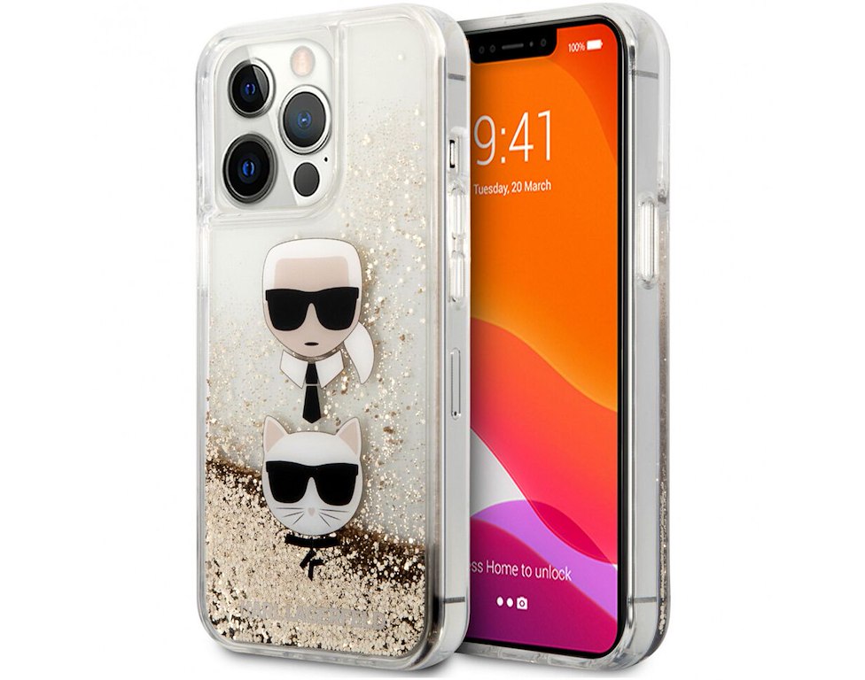 Futrola Karl Lagerfeld Hc Liquid Glitter 2 Heads - iPhone 14 Pro zlatna (KLHCP14LKICGLD)